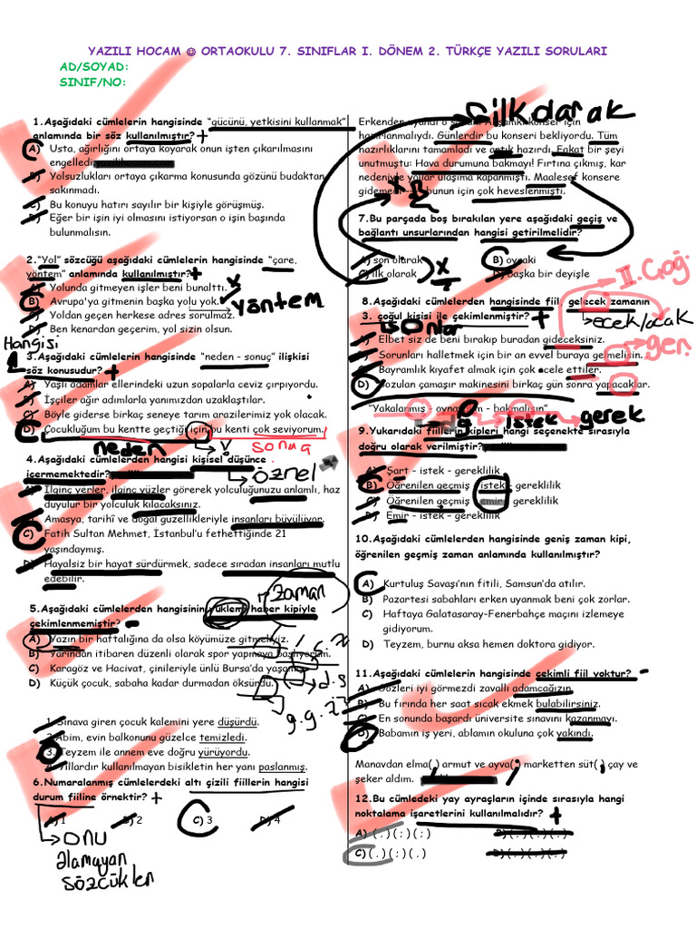 Yazilihocam - 7.sä Nä F Tã Rkã e 1.dã Nem 2.yazä Lä Sorularä - 1 | PDF