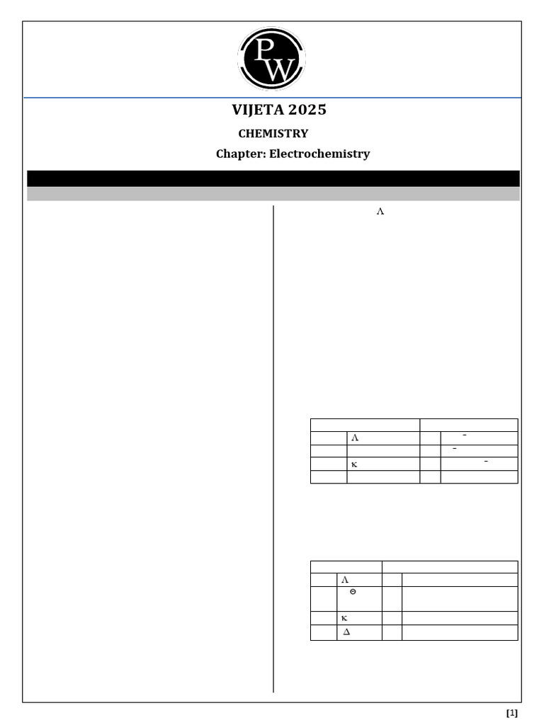 Electrochemistry Practice Sheet Vijeta 2025 Pdf Physical Chemistry Chemistry