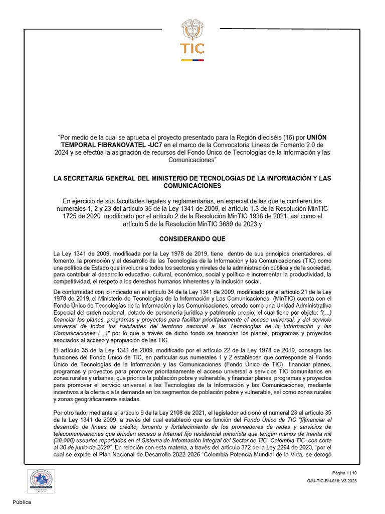 "Por Medio de La Cual Se Aprueba El Proyecto Presentad ": Unión ...