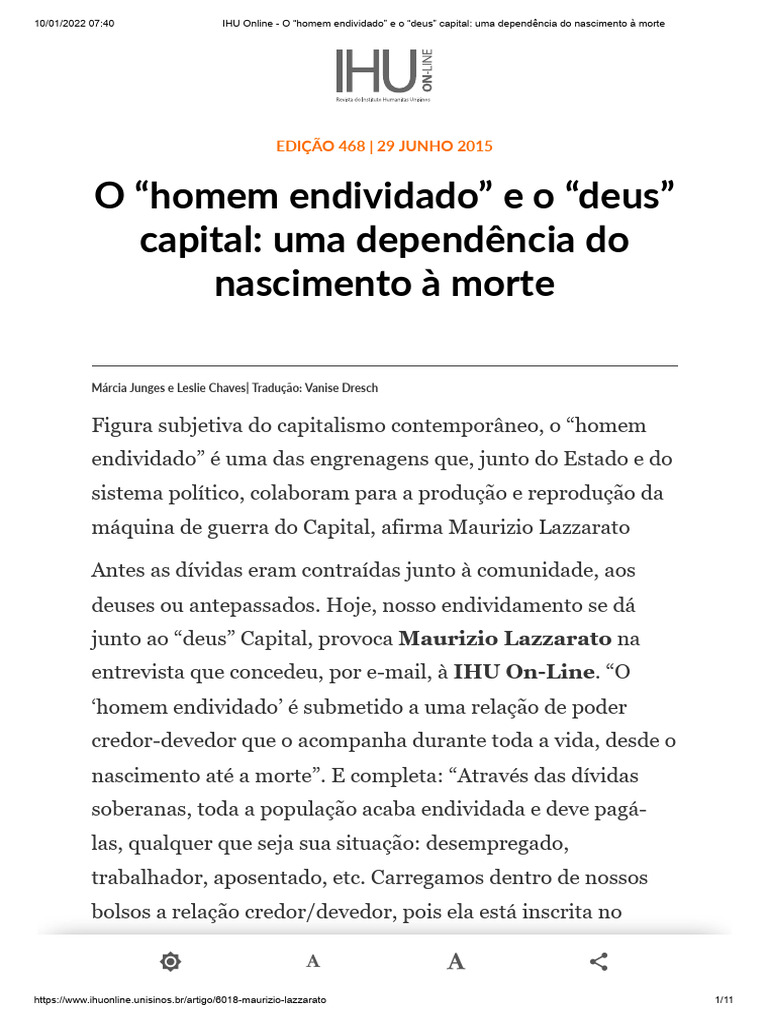 IHU Online - O “homem endividado” e o “deus” capital uma dependência do nascimento à morte (1 ...