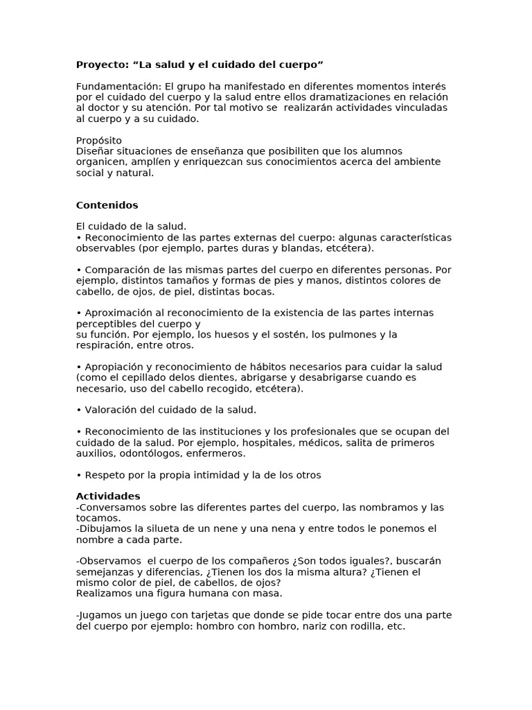 PROYECTO LA SALUD Y EL CUIDADO DEL CUERPO NI | PDF