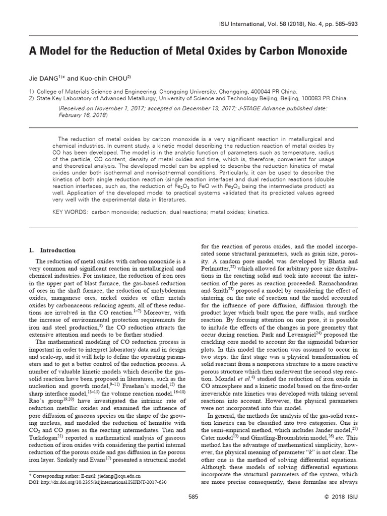 A Model For The Reduction of Metal Oxides by Carbon Monoxide | PDF ...