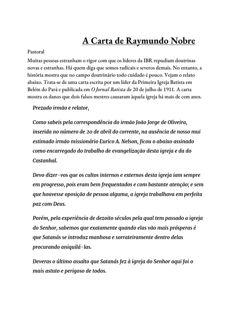 A Carta de Raimundo Nobre | PDF | Oração | Igreja cristã