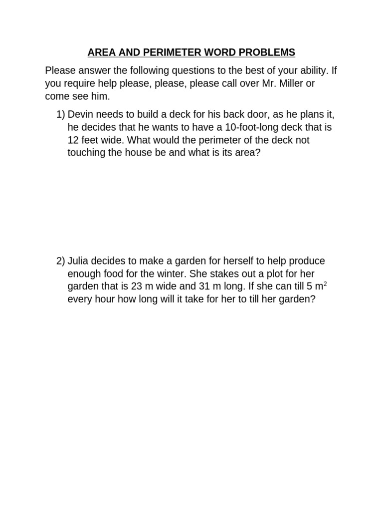 AREA AND PERIMETER WORD PROBLEMS | PDF