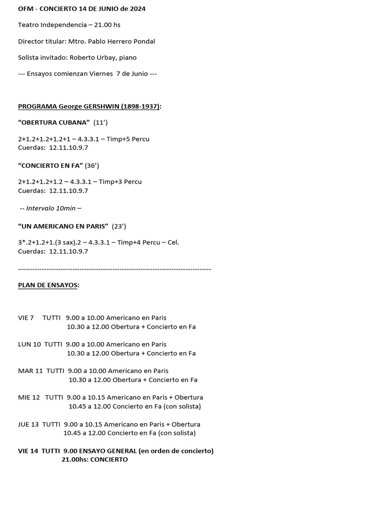 Concierto OFM: Gershwin en Junio 2024 | PDF