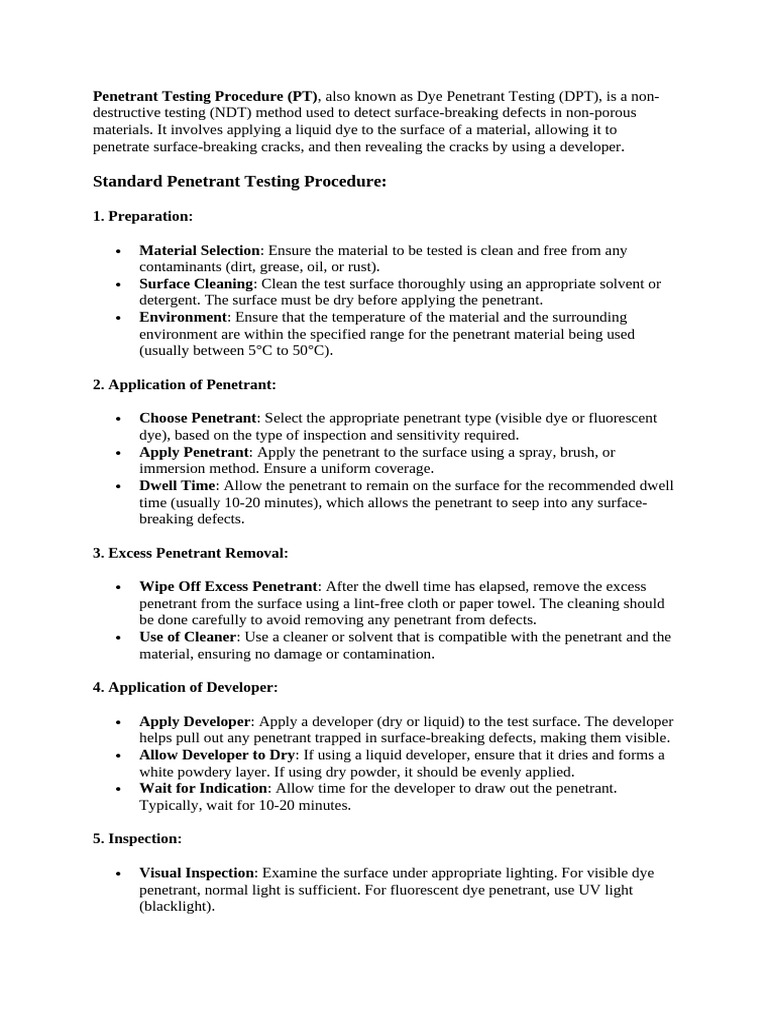 Standard Penetrant Testing Procedure | PDF | Materials