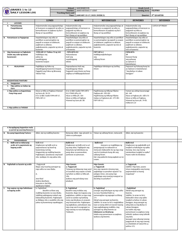 DLL - Filipino 5 - Q3 - W5 | PDF