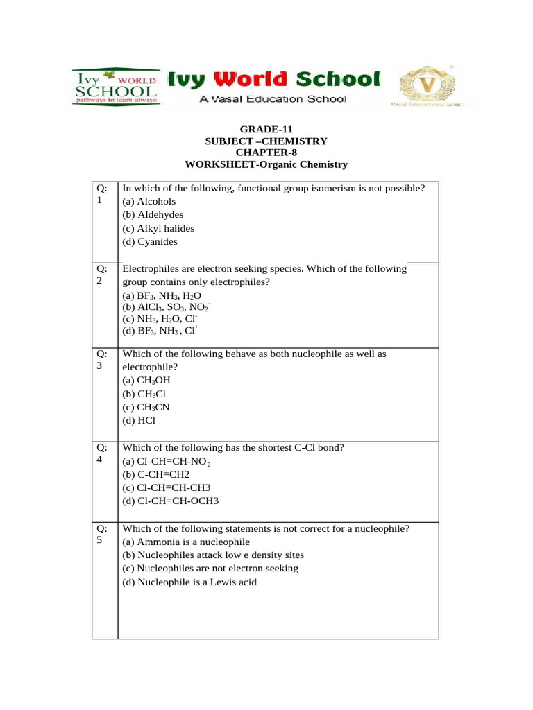 Grade 11 Organic Chemistry Worksheet | PDF