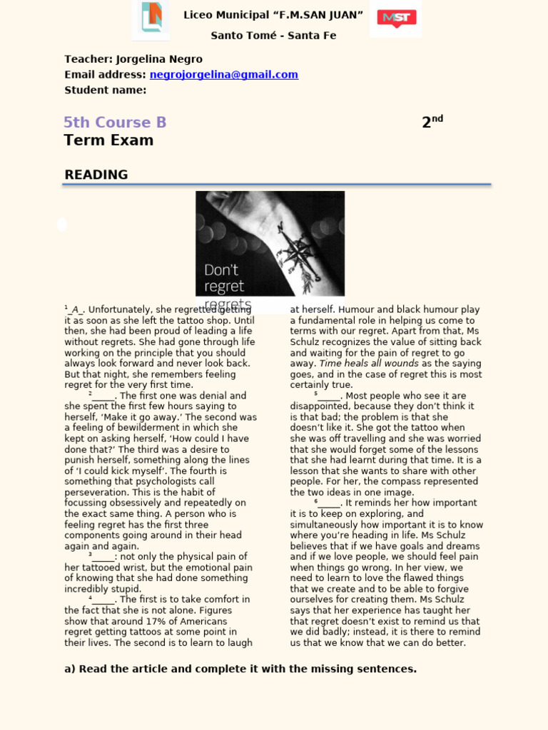 -Template- 5th course B - Second term exam - 2021 - READING, GRAMMAR ...