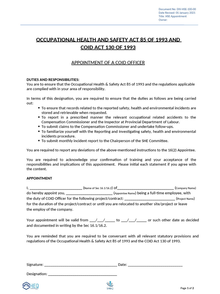 Appointment - COID Officer - 2021 | PDF | Occupational Safety And ...