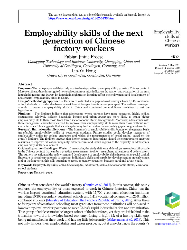 Employability Skills of The Next Generation of Chinese Factory Workers ...