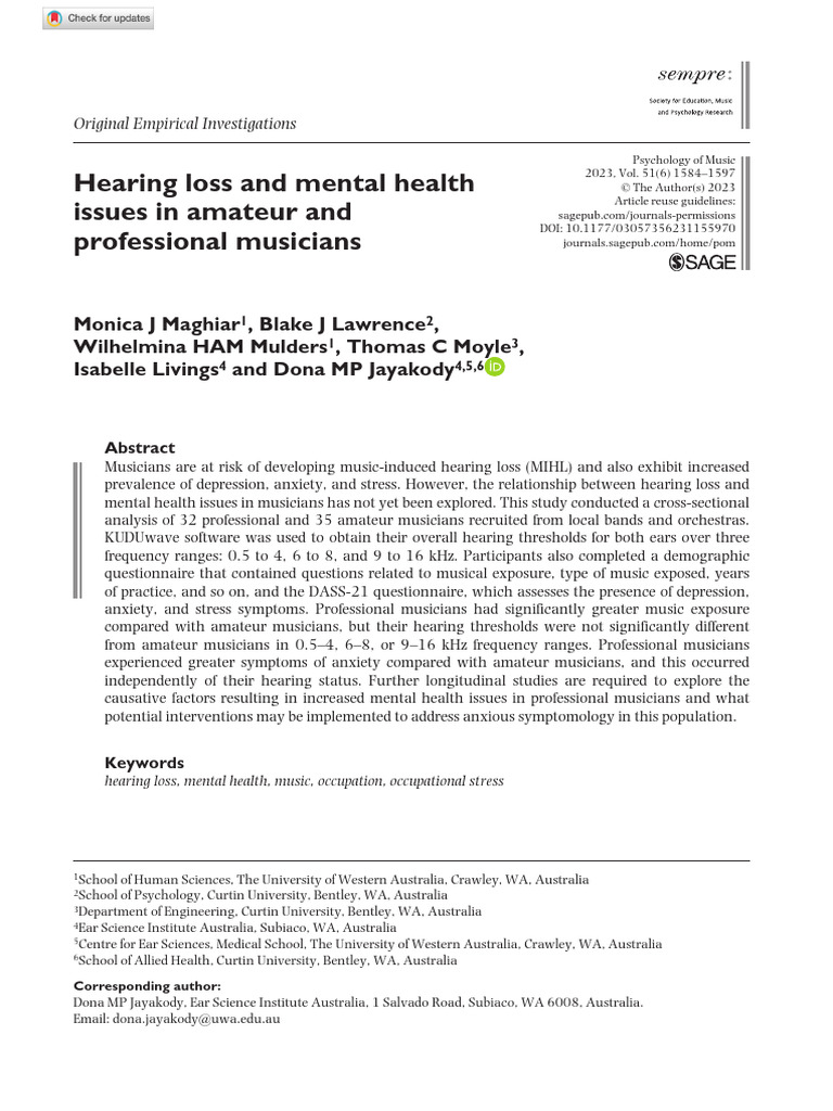 Hearing Loss and Mental Health in Musicians | PDF | Hearing Loss | Sound