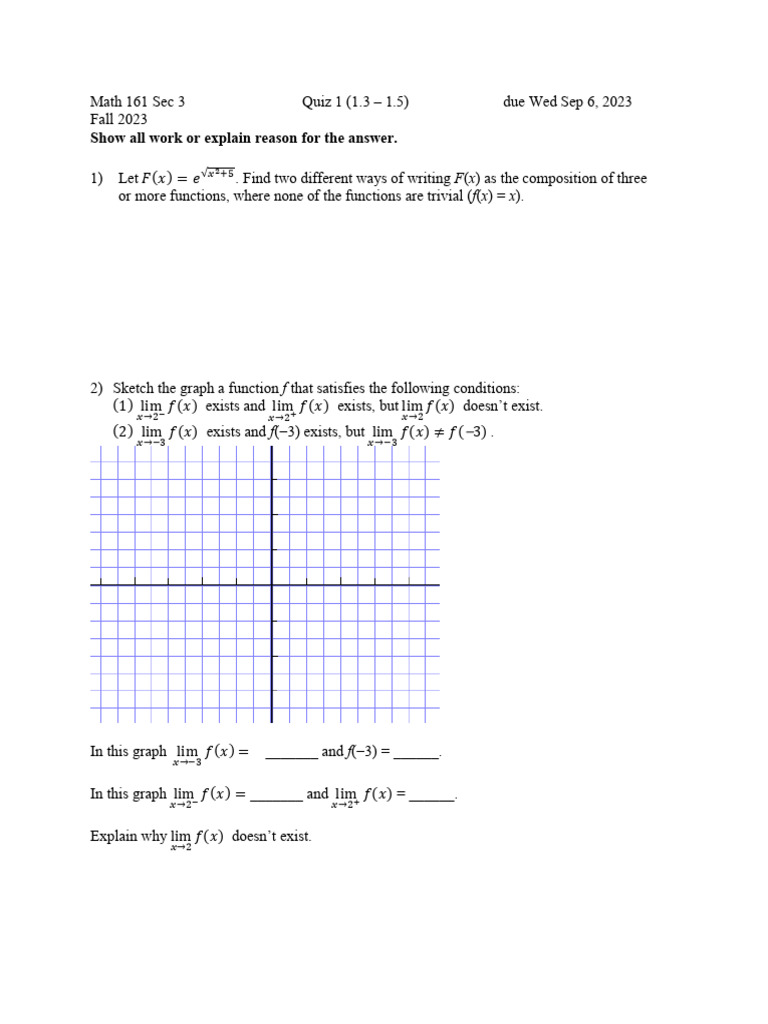 Math 161 Quiz 1: Function Composition & Limits | PDF