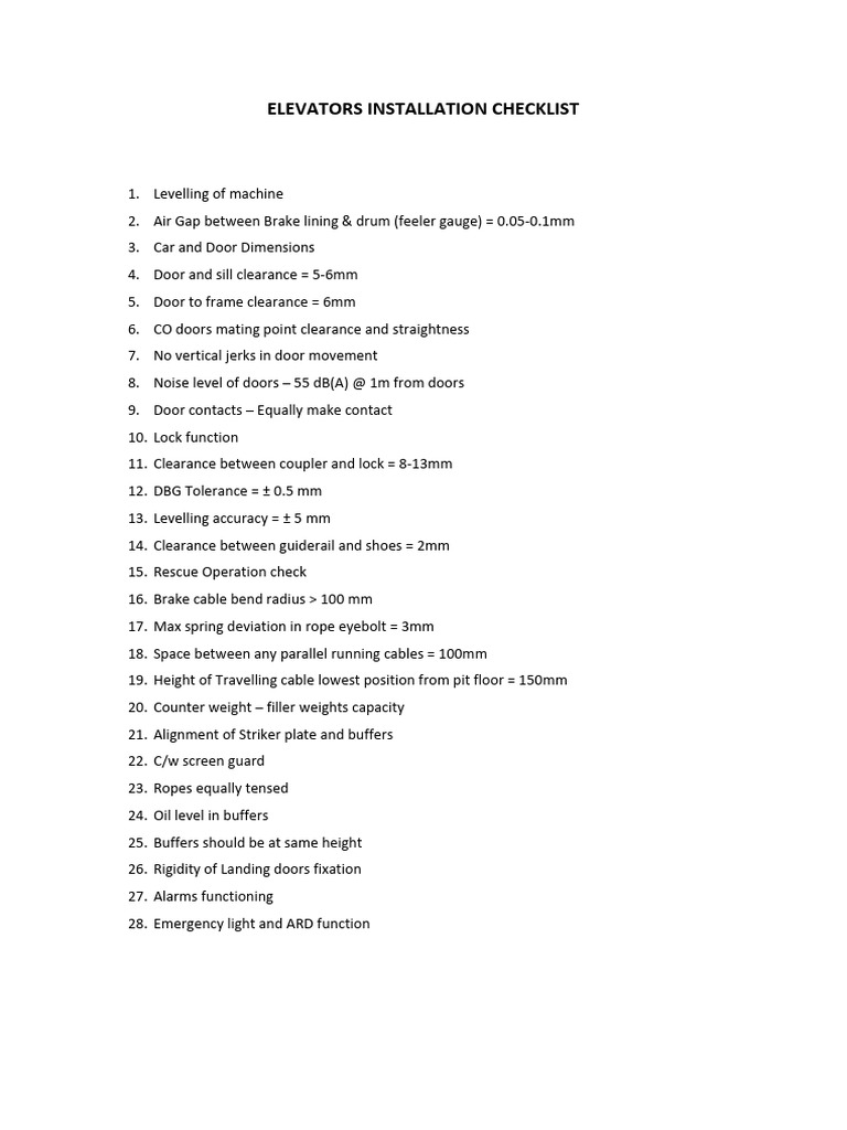 Elevator Installation Checklist | PDF