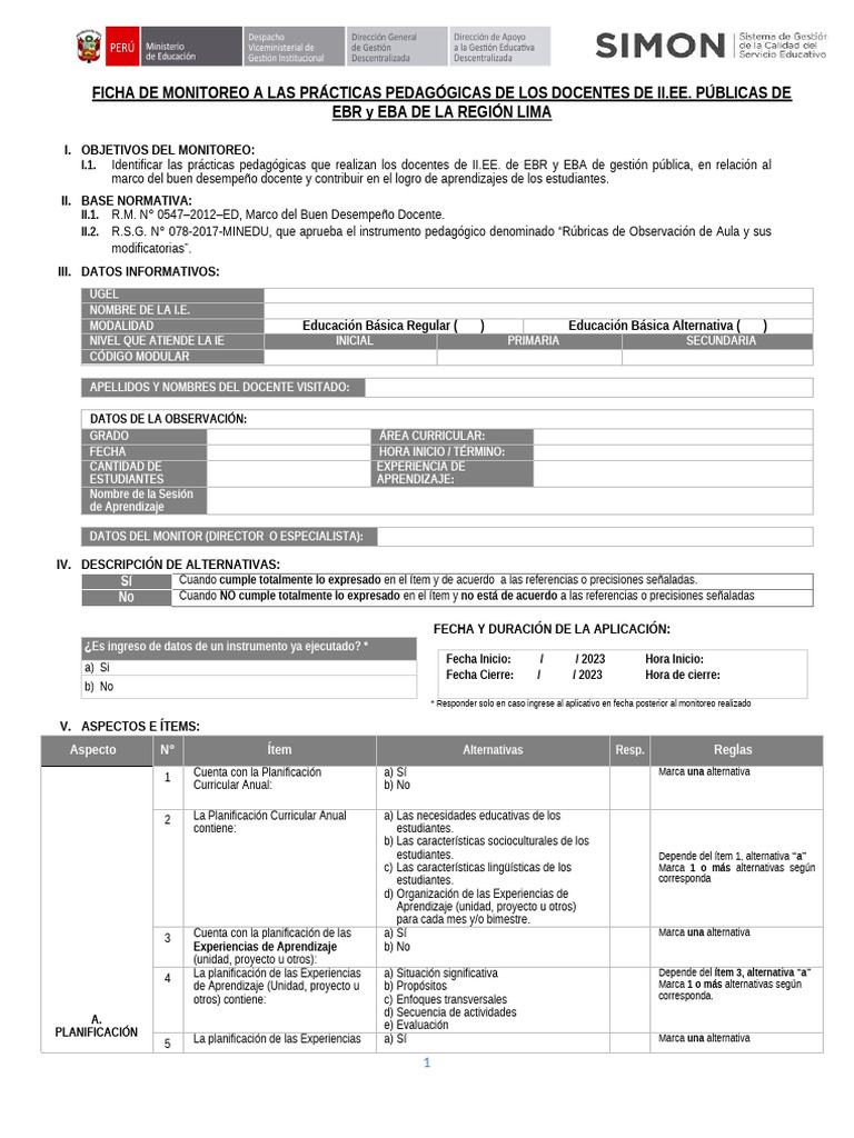 Ficha Monitoreo Al Docente 2023 (SIMON) | PDF | Rúbrica (Académica) | Evaluación