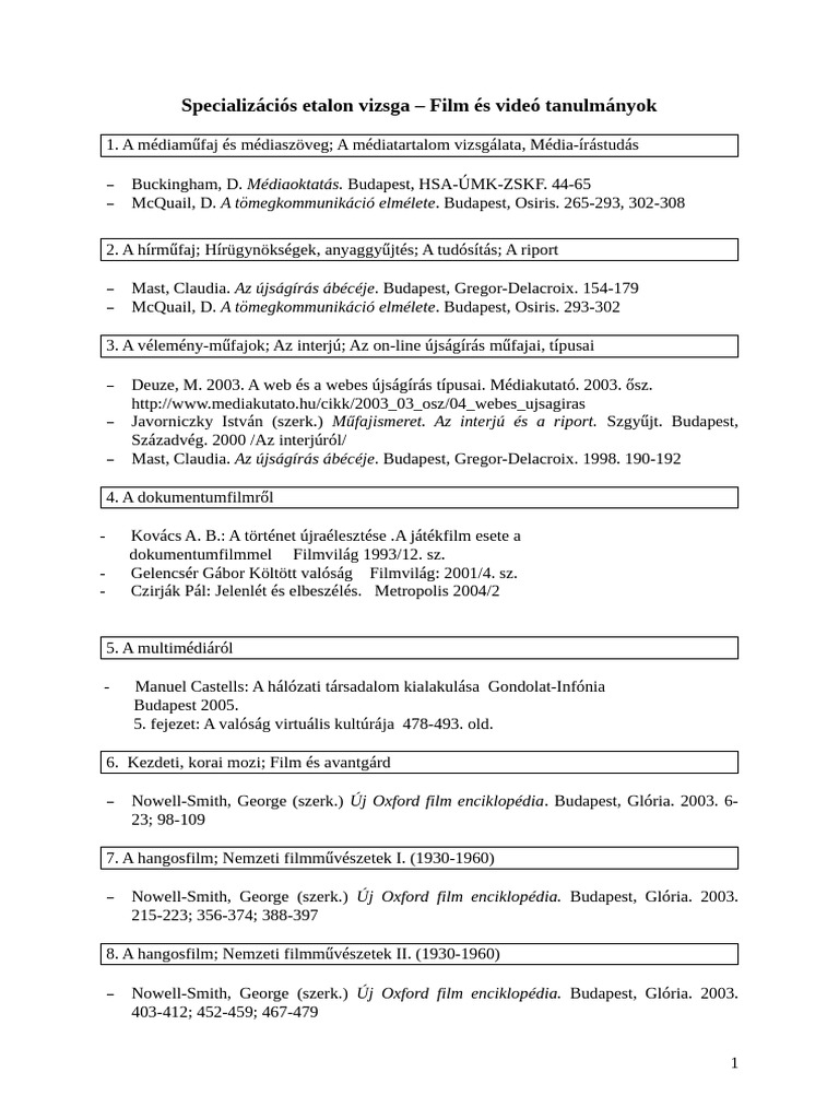 Specializációs Etalon Vizsga - Film És Videó Tanulmányok | PDF