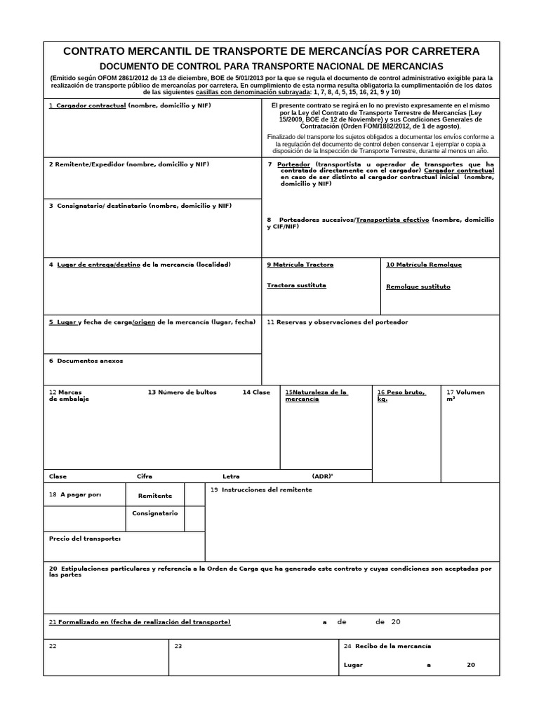 Modelo Carta de Porte Nacional (Adaptada A OFOM 2861) | PDF