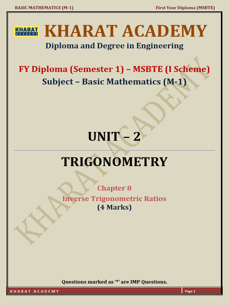 Unit 2 Chapter 8 Inverse Trigonometric Ratios 1 | PDF | Trigonometric ...