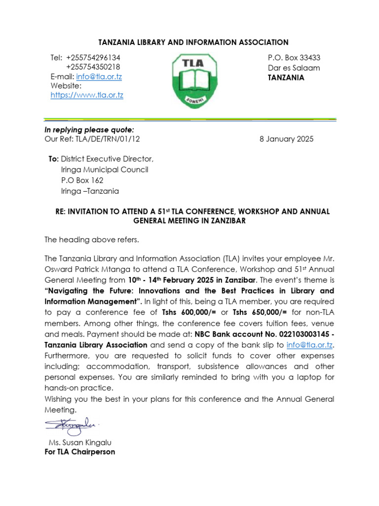 TLA Invitation Letter To The TLA Conference, Workshop and 51st Annual General Meeting in ...