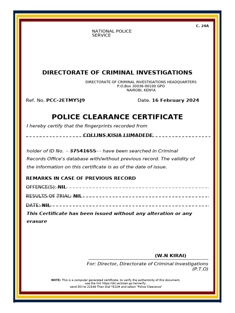 Pcc-2etmy5j9-Police Clearance Certificate Wk | PDF
