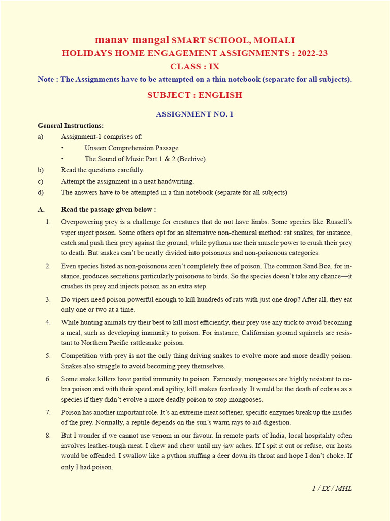 Manav Mangal: Smart School, Mohali Holidays Home Engagement Assignments: 2022-23 Class: Ix ...