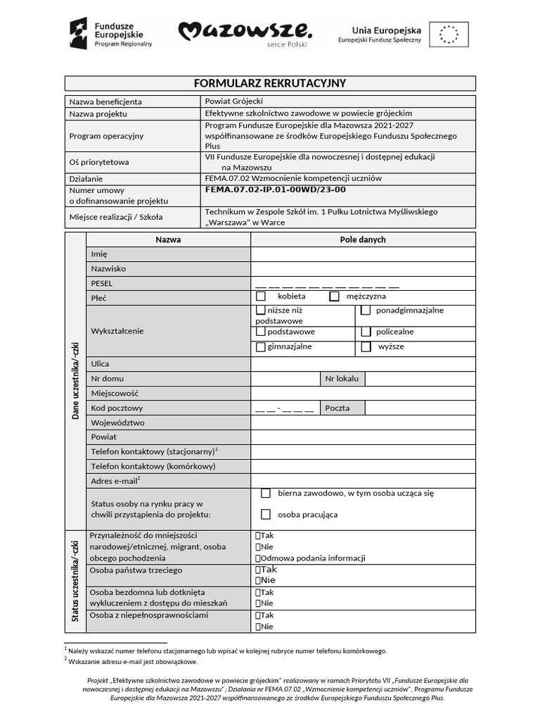 Zal. NR 1. Formularz Rekrutacyjny ZS Warka | PDF