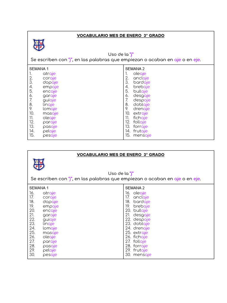 Vocabulario Enero Tercero | PDF