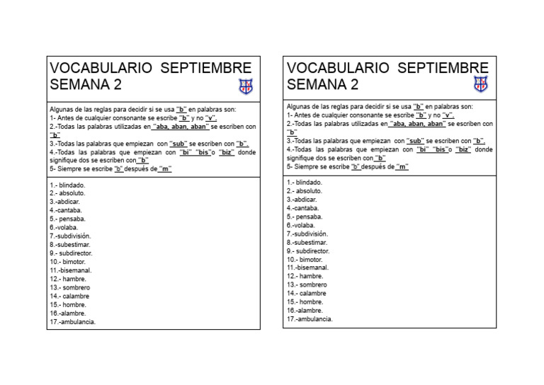 Vocabulario Septiembre Semana 2 Tercero y Cuarto | PDF