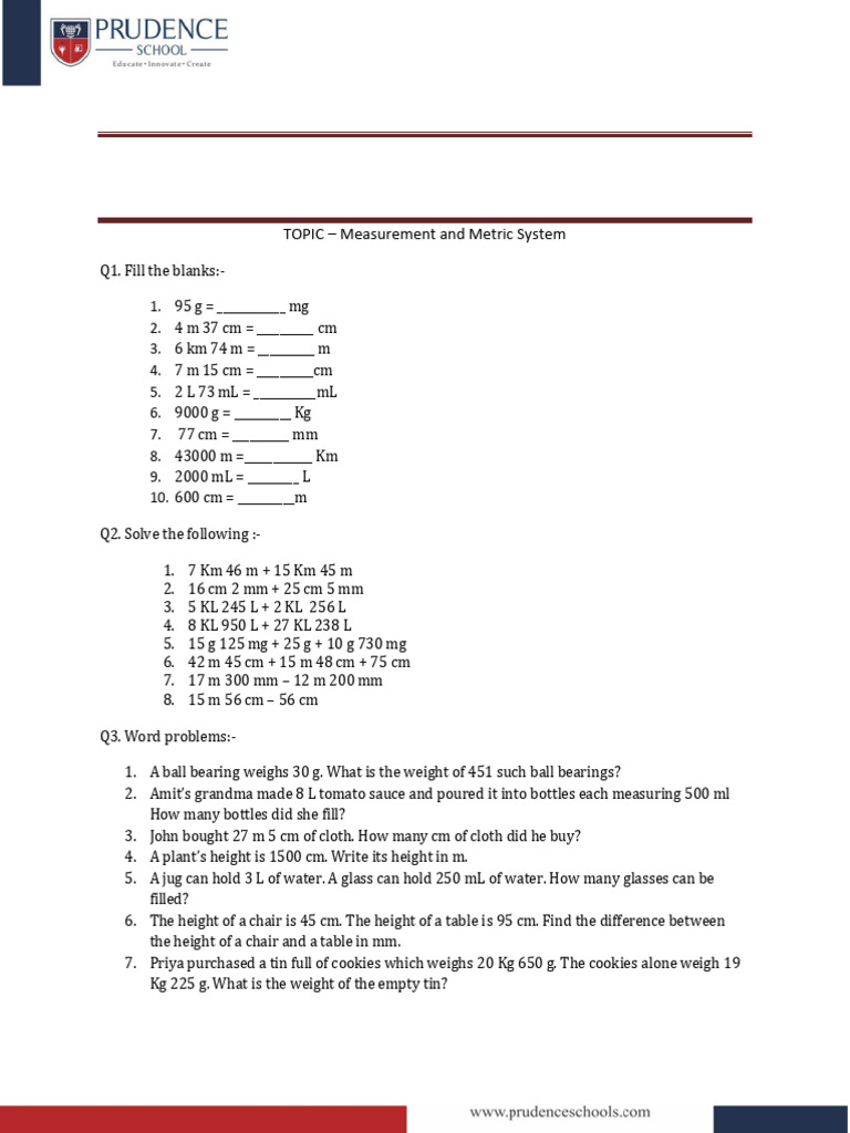 Revision Worksheet - Measurement and Metric System | PDF