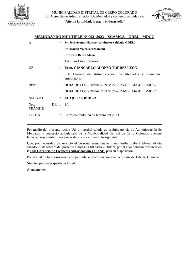 Memorando Multiple N° 02-2023-SGAMCA | PDF