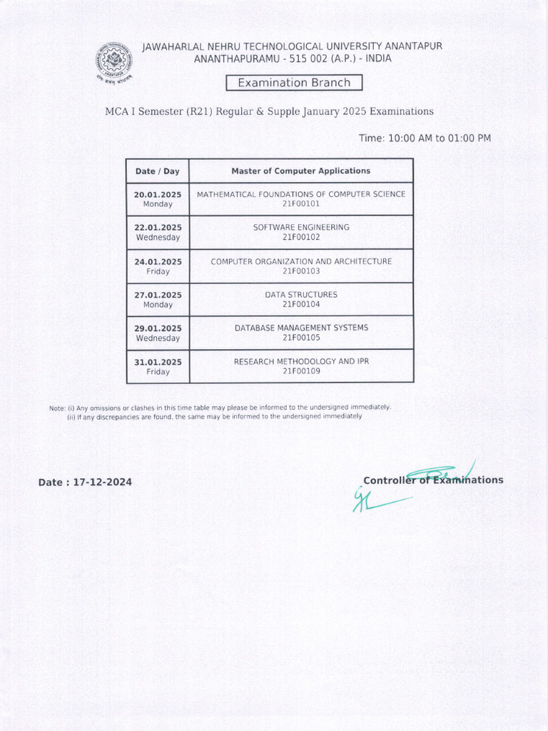 Timetables For MCA I Sem R21 R17 January 2025 Exams | PDF | Computer ...