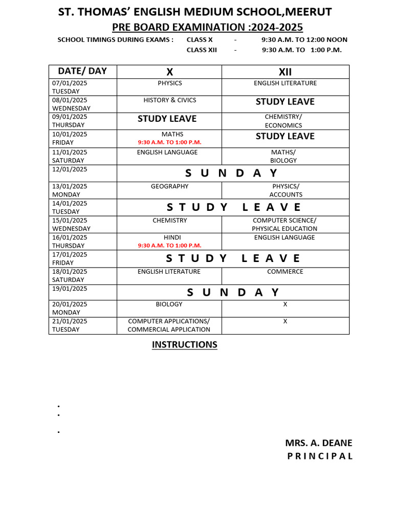 Date Sheet Pre Board X Xii 2024 2025 Pdf