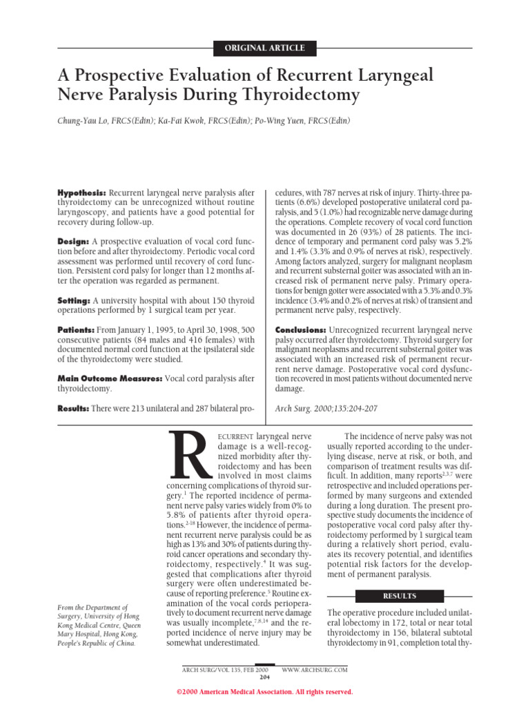 A Prospective Evaluation of Recurrent Laryngeal Nerve Paralysis During ...