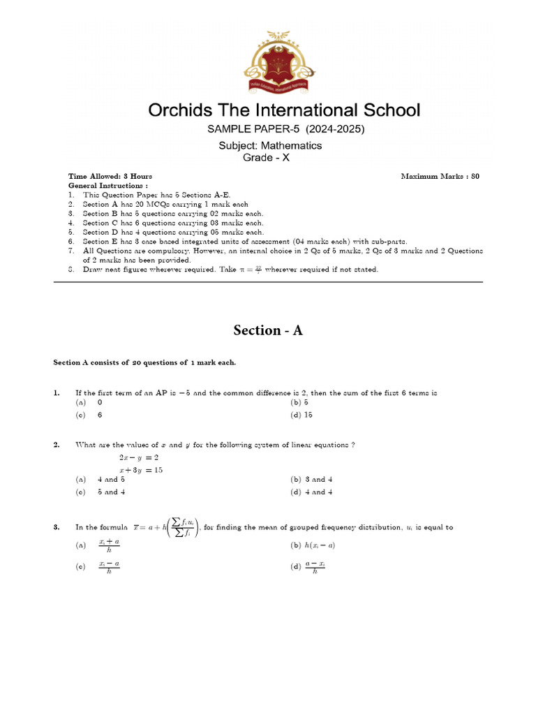 G10-Maths-SQP-5 2024-2025 | PDF | Mathematics | Algebra