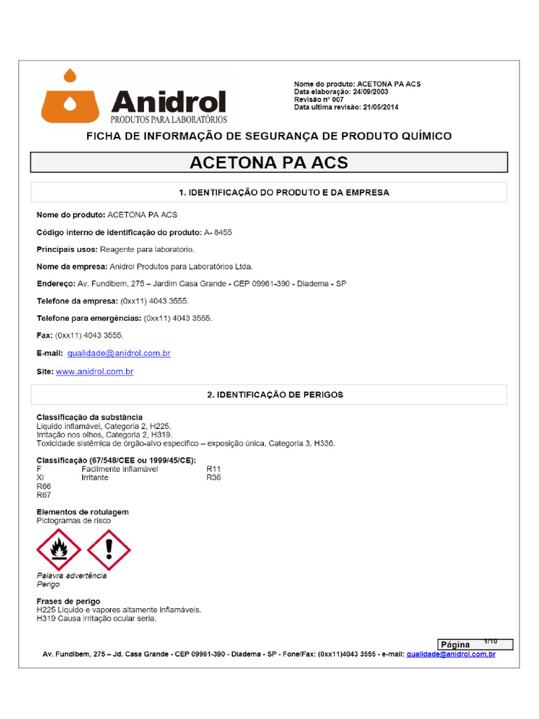 FISPQ - Acetona PA ACS Anidrol | PDF