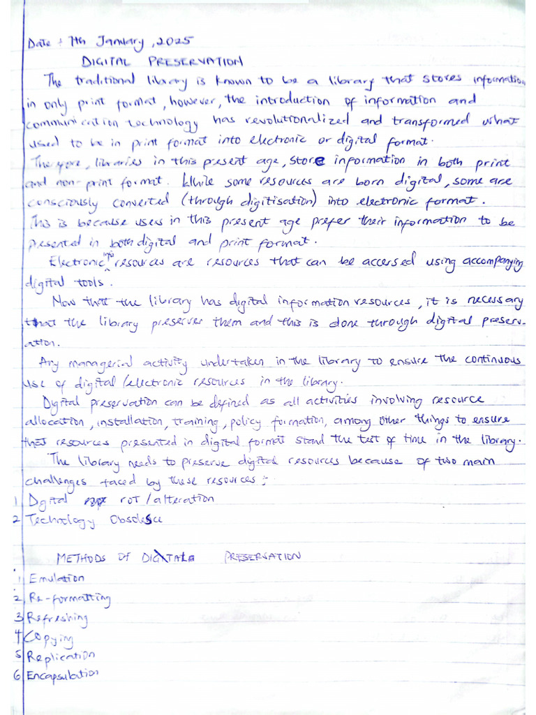 Green Libraries and Digital Preservation (Oluchi's LIS 206 Note) | PDF