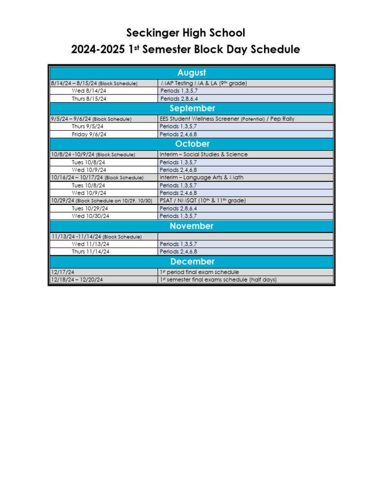 2024-2025 1st Semester Block Day Schedule (7) (1) | PDF