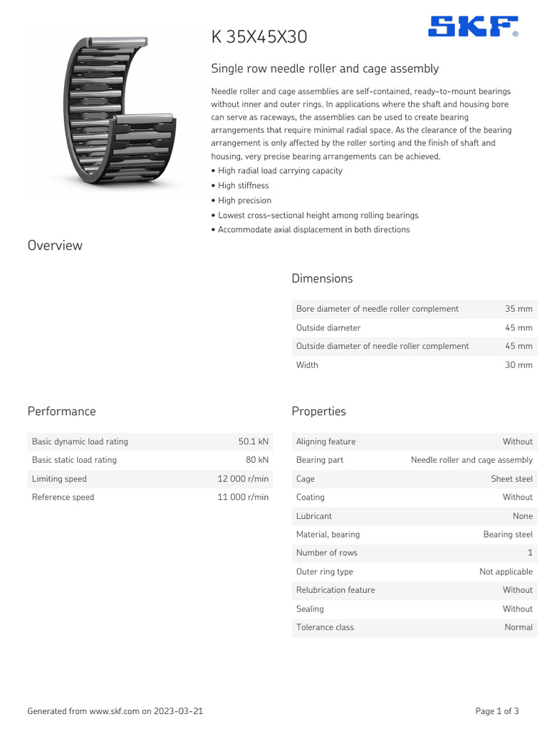 SKF K 35X45X30 Specification | PDF | License | Bearing (Mechanical)