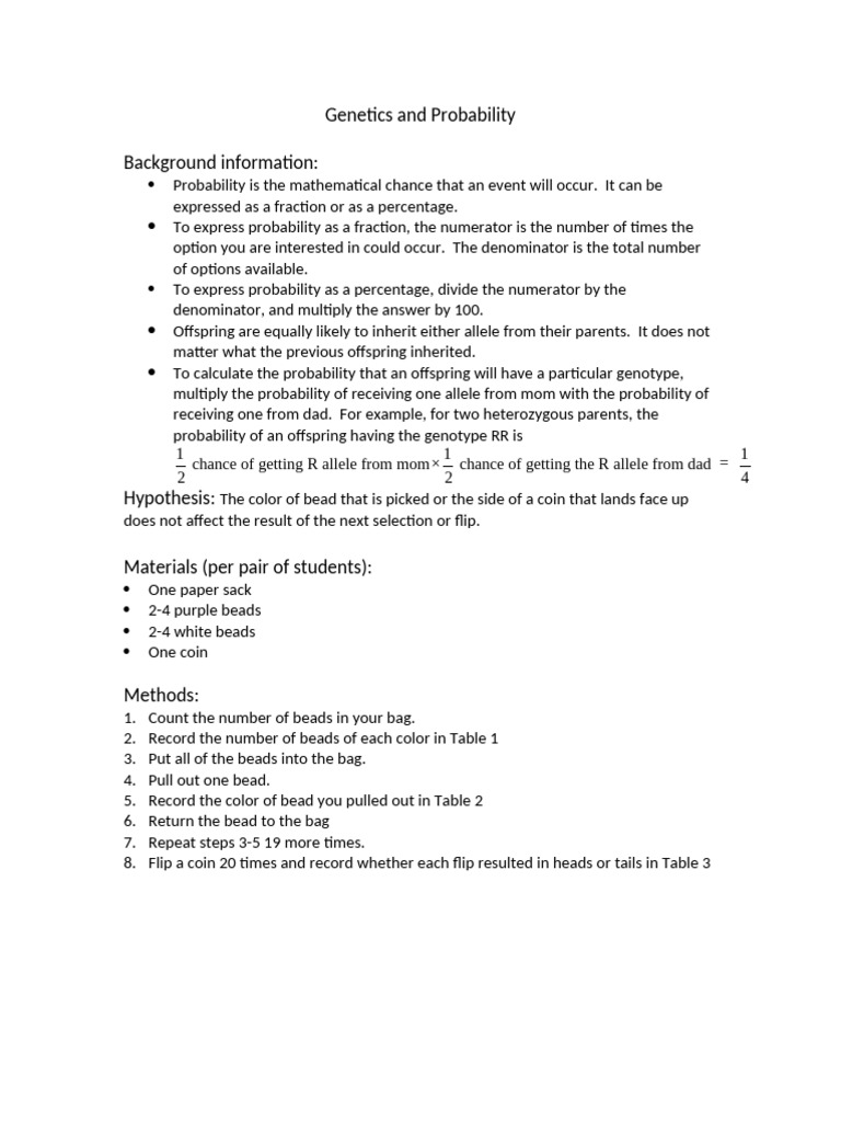 Genetics Probability Lab Guide | PDF | Genotype | Zygosity