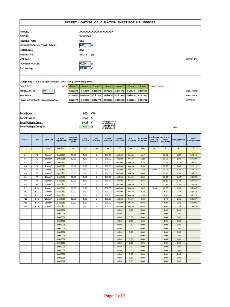 Street Lighting Voltage Drop Calculation Sheet V2 | PDF | Metrology | Power (Physics)