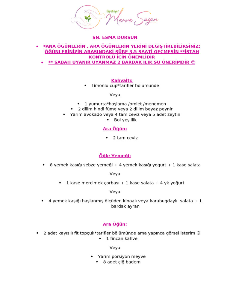 Esma Dursun Beslenme Programi | PDF