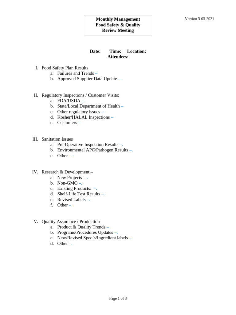 Monthly Food Safety Review Template | PDF | Food Safety | Food And Drug ...