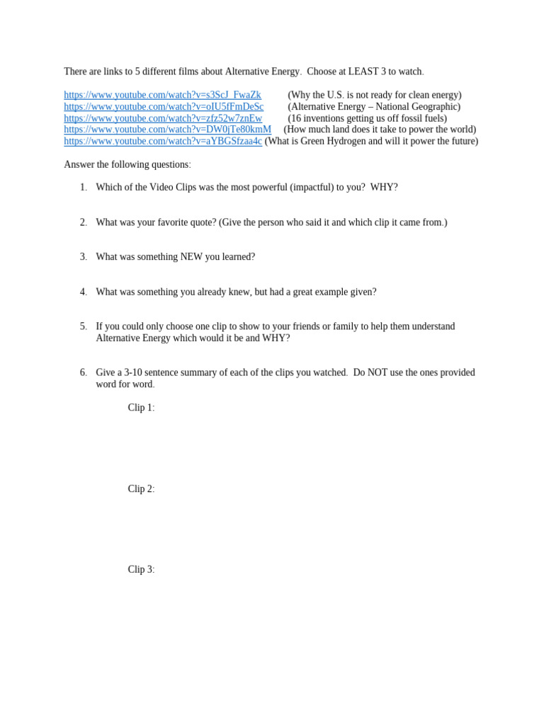 Alternative Energy Clips and Questions | PDF