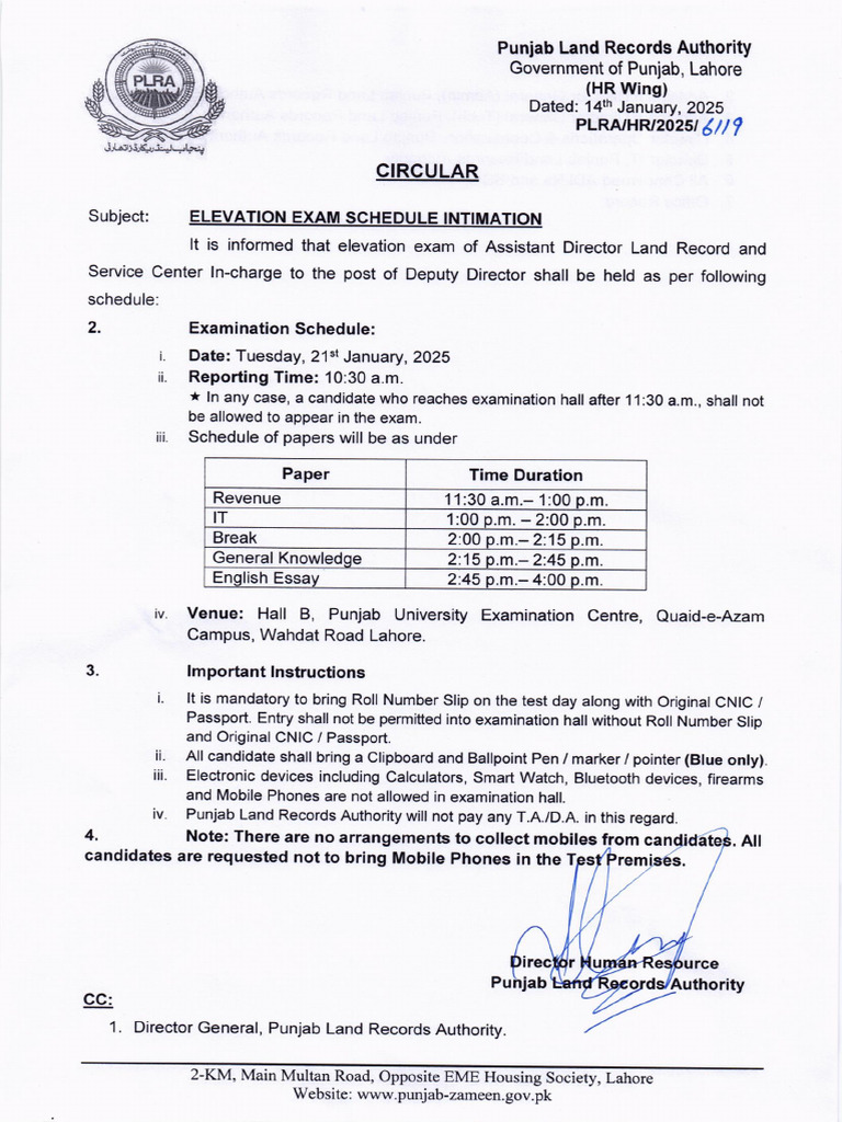 Elevation Exam Shedule ADLRs & SCIs Circular 14.01.2025 | PDF