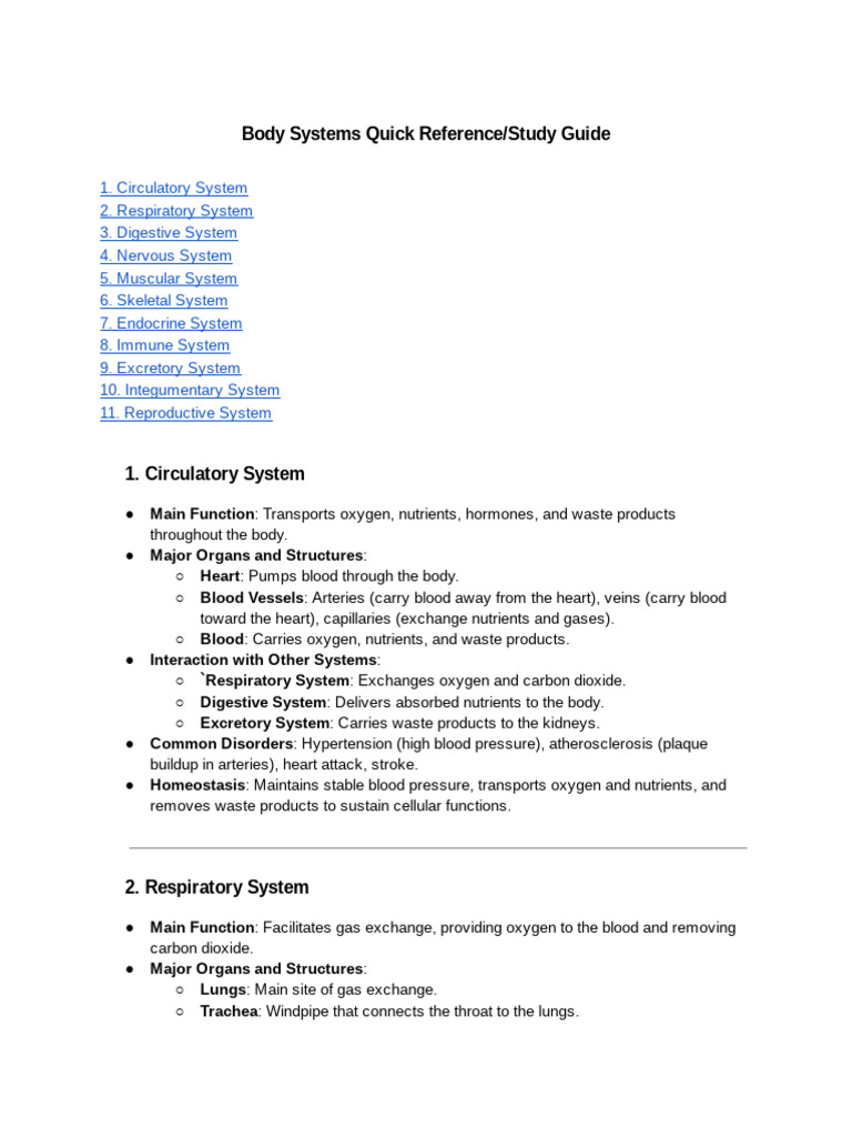 Body Systems Quick Reference - Study Guide | PDF