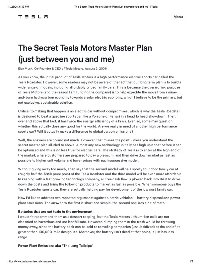 The Secret Tesla Motors Master Plan (Just Between You and Me) - Tesla | PDF