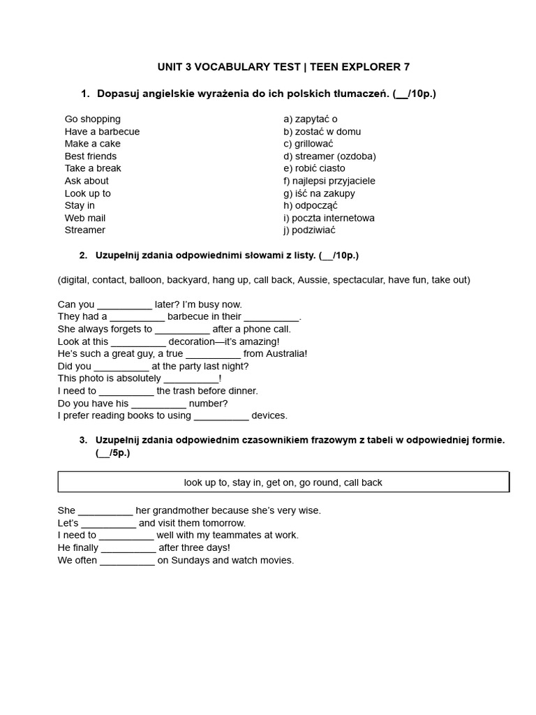 Unit 3 Vocabulary Practice - Teen Explorer 7 | PDF