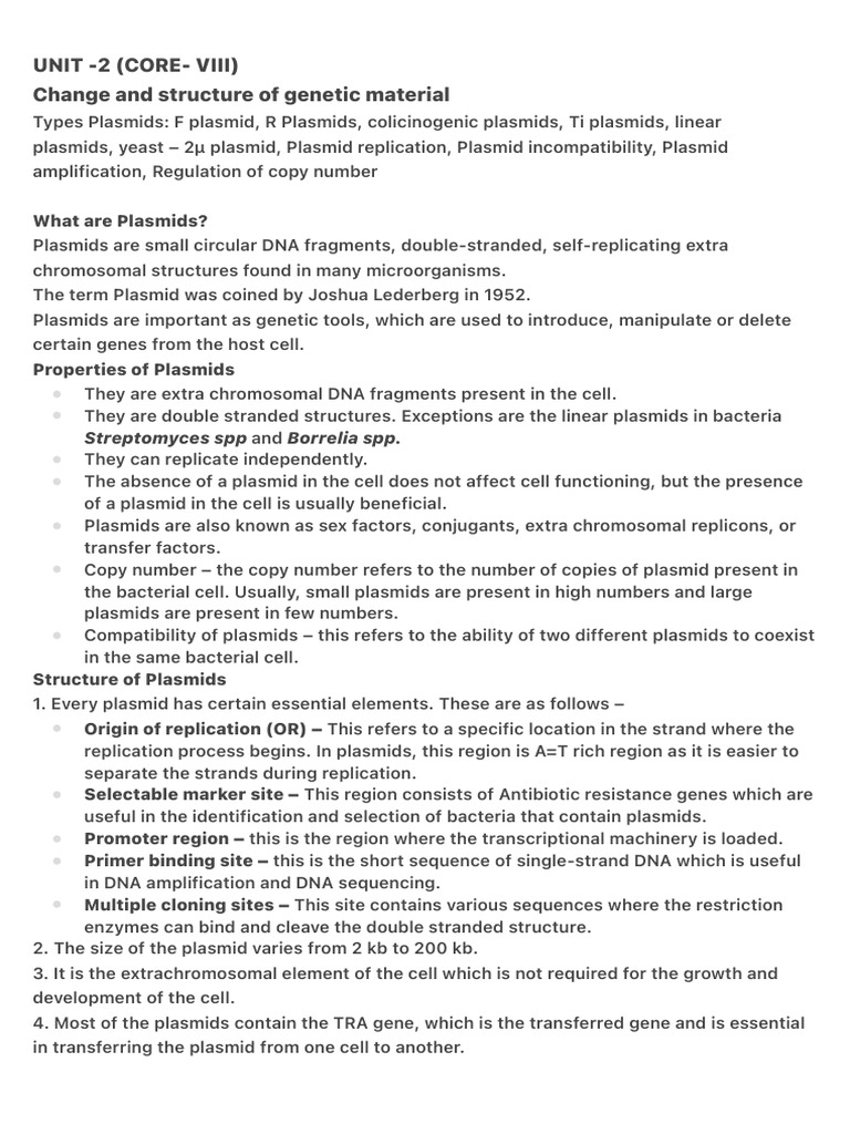 UNIT -2 CORE- VIII | PDF | Plasmid | Dna Replication