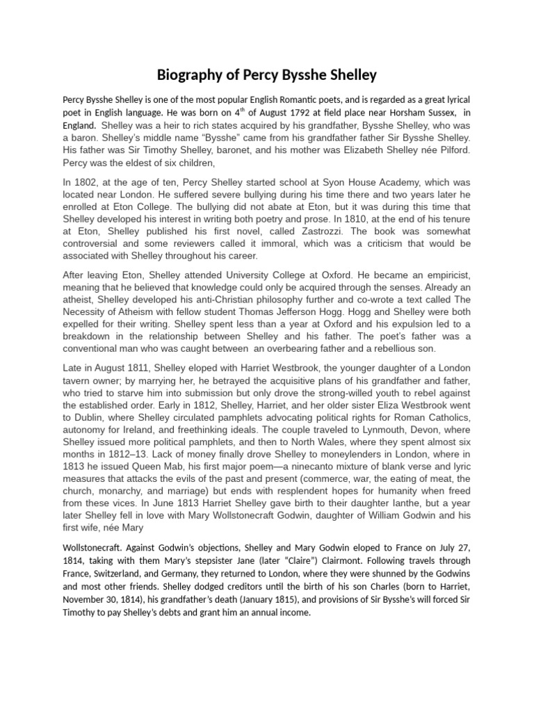 Biography of Percy Bysshe Shelley | PDF | Percy Bysshe Shelley | Mary ...