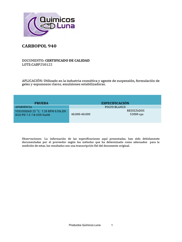 Certificado Carbopol 940 3vsigma | PDF